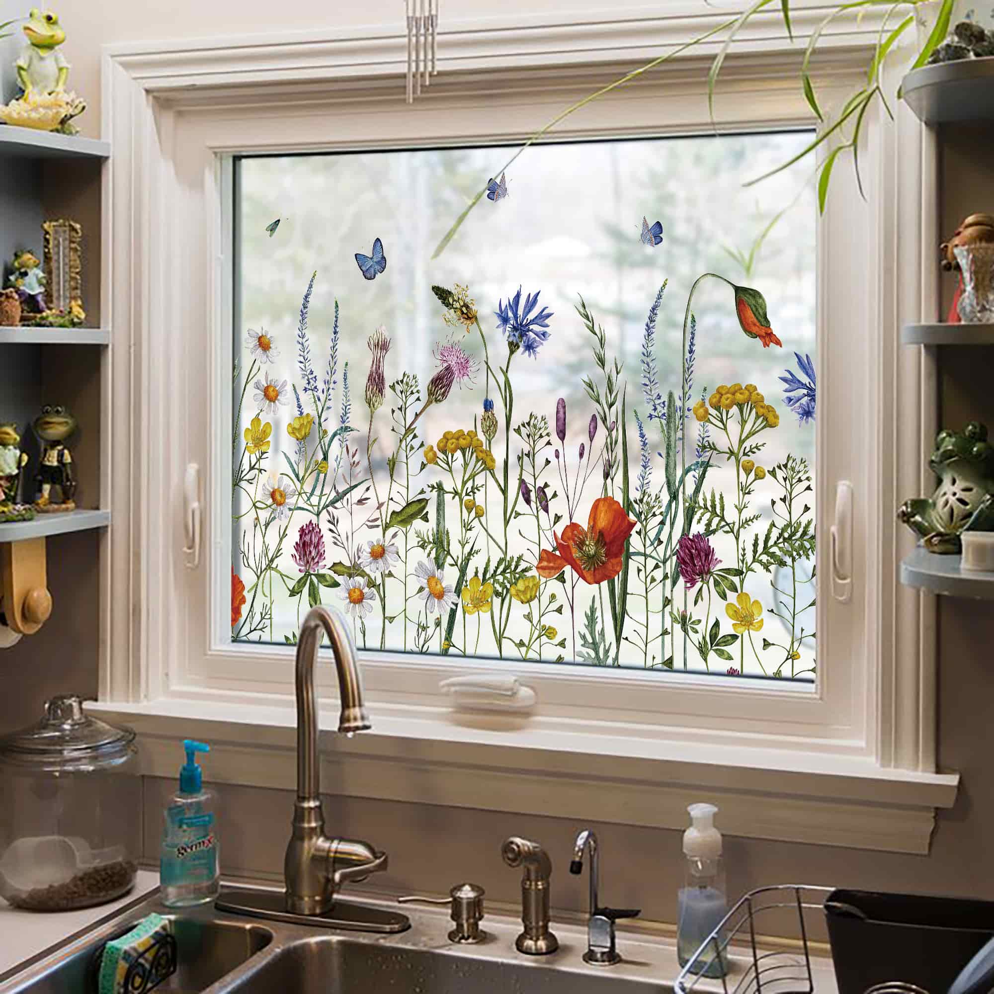 Butterfly Among The Flowers Window Film | Static Cling Decorative Film ...